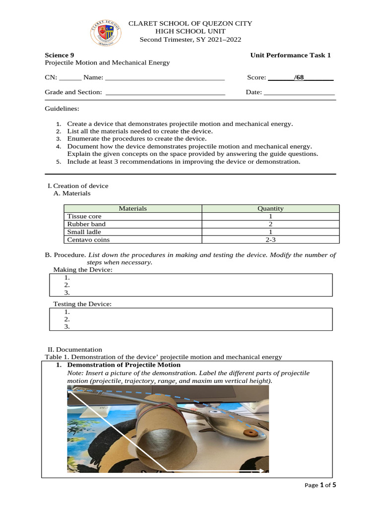 2nd-Unit-Performance-Task-1-Projectile-Motion-and-Mechanical-Energy | PDF
