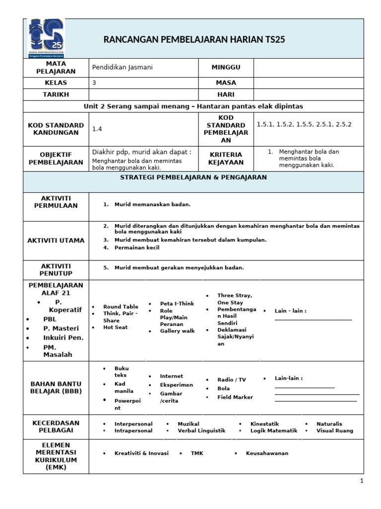 RPH PJ Tahun 3 Unit 3 Serang Sampai Menang | PDF