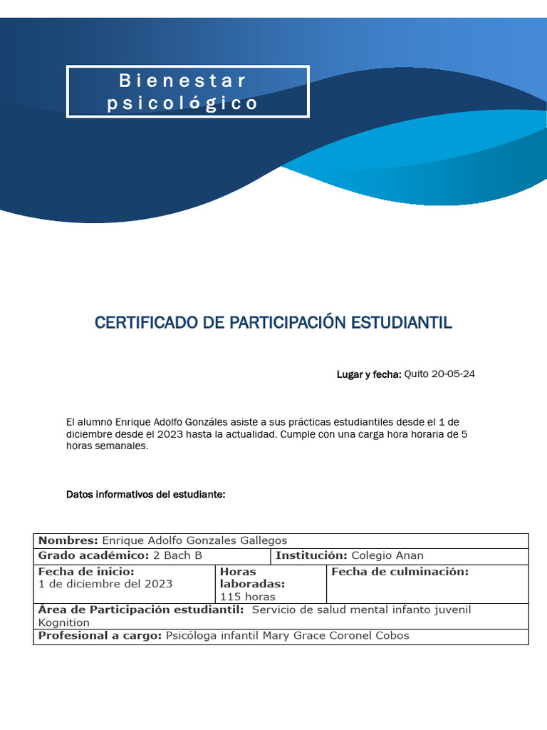 Certificado de Participación Estudiantil | PDF
