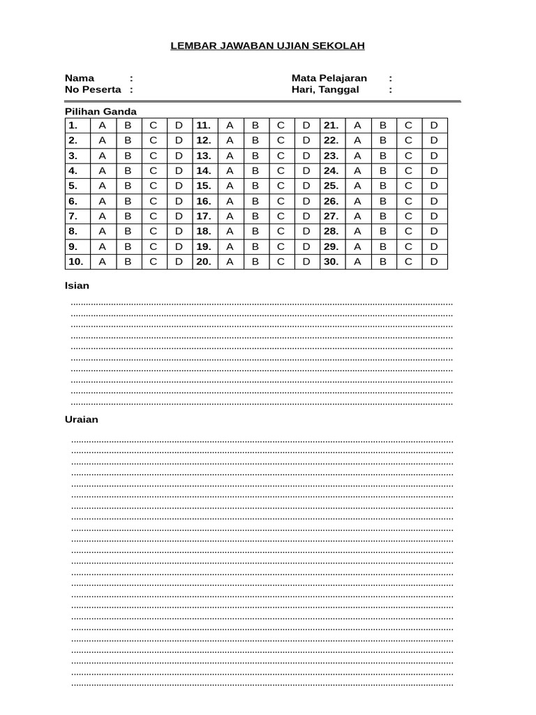 Lembar Jawaban Ujian Sekolah | PDF