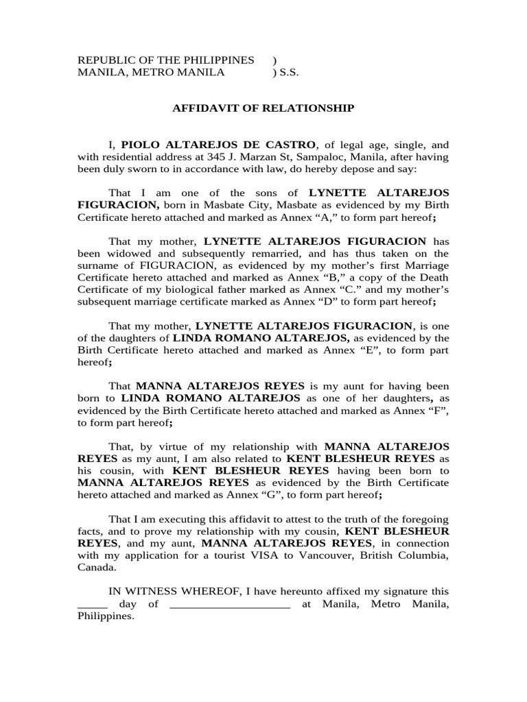 Affidavit of Relationship for Visa Application | PDF | Law