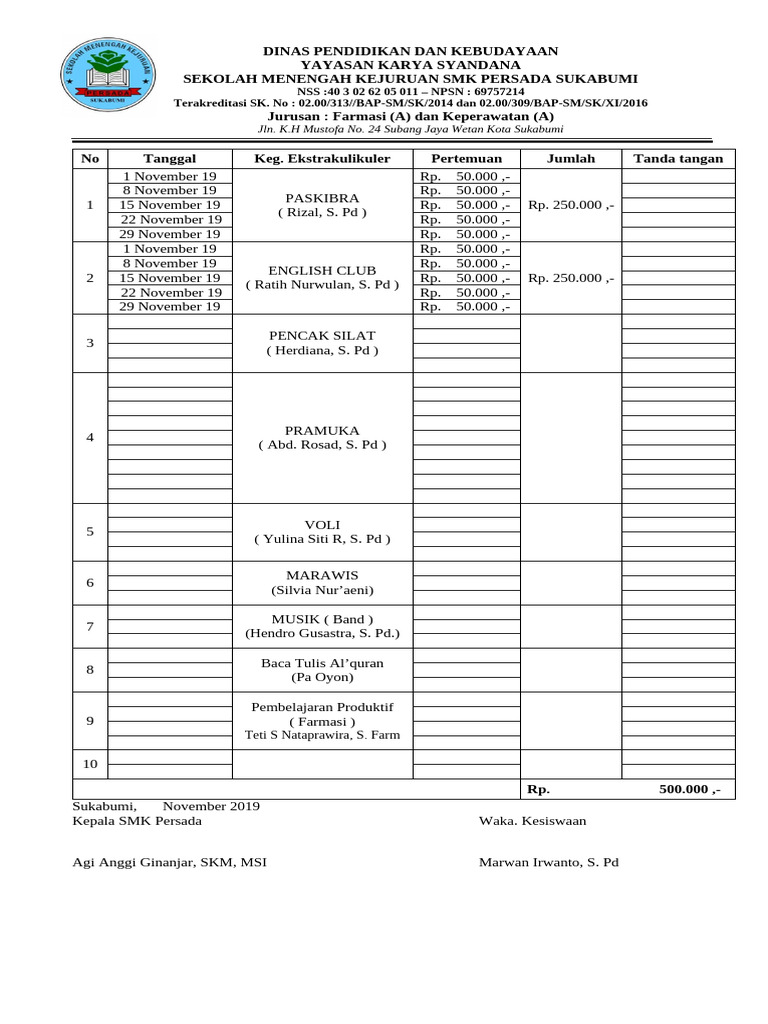 Pengajuan Honor Ekskul | PDF
