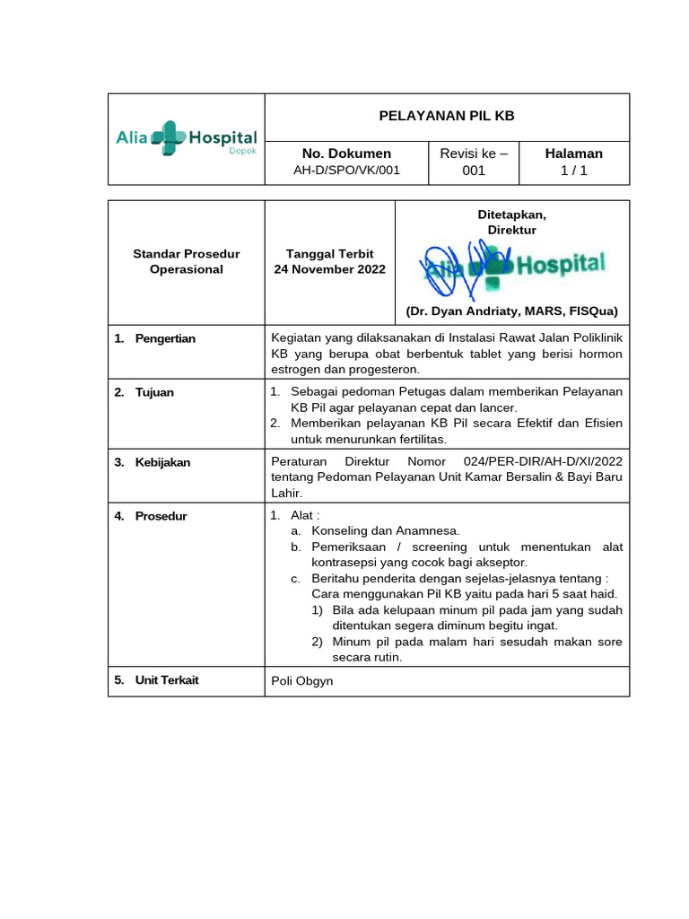 Spo Pelayanan Pil KB | PDF