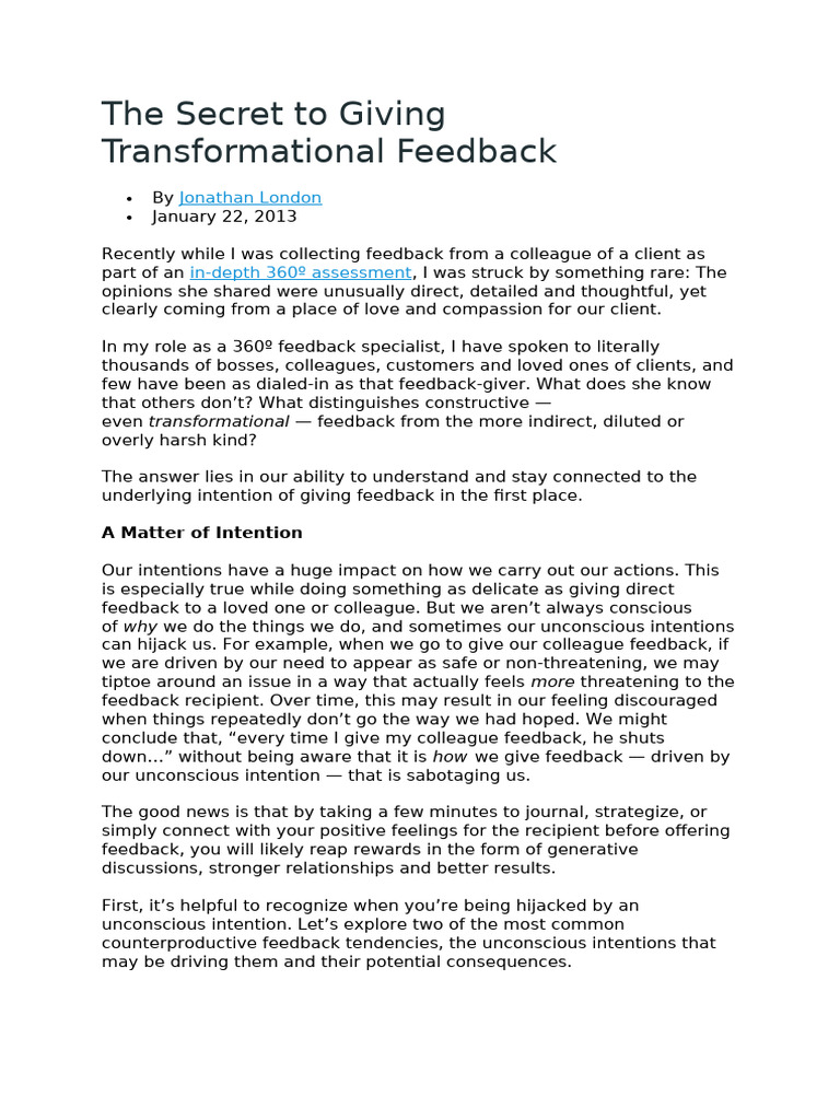 The Secret To Giving Transformational Feedback | PDF