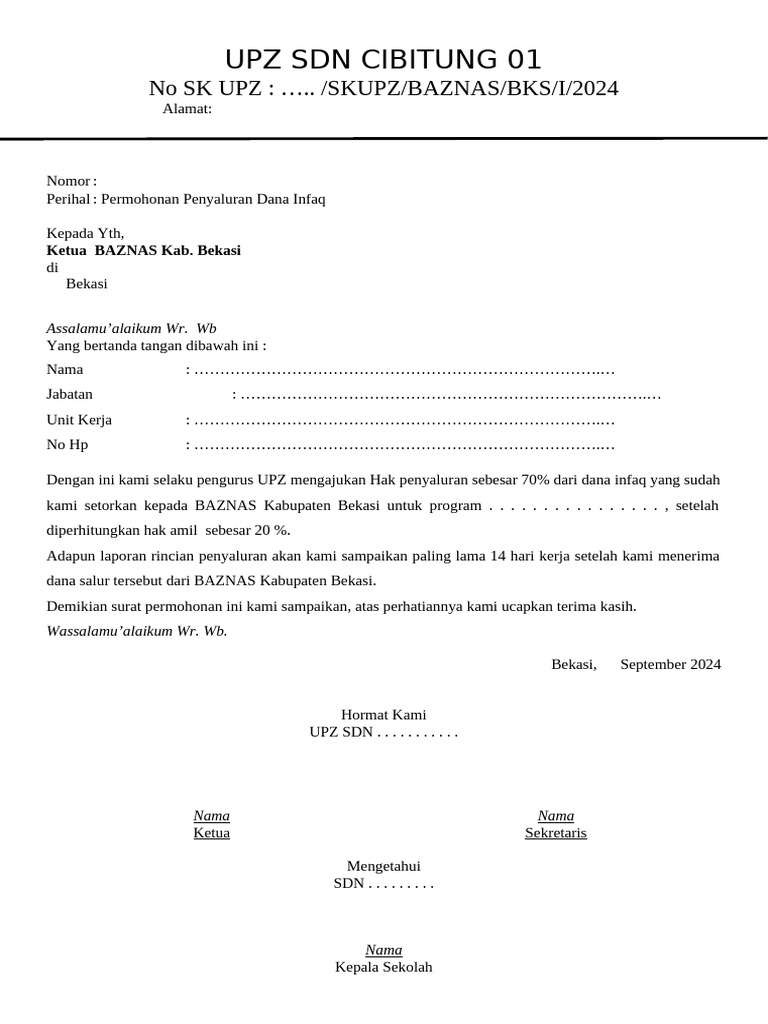 Surat Permohonan UPZ Sekolah | PDF