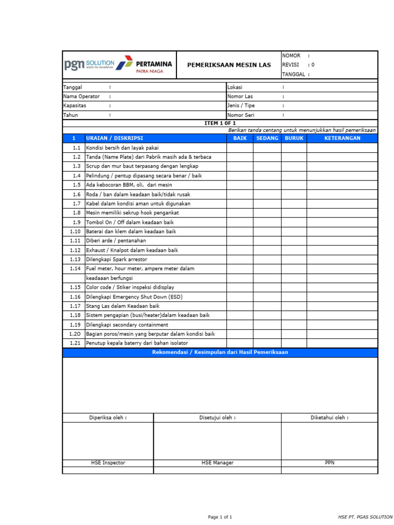 Form Pemeriksaan Mesin Las | PDF