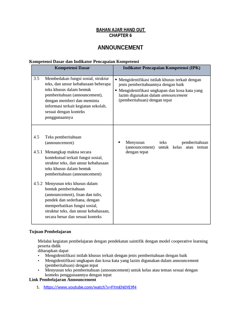 Bahan Ajar Hand Out Announcement PPG 2019 | PDF