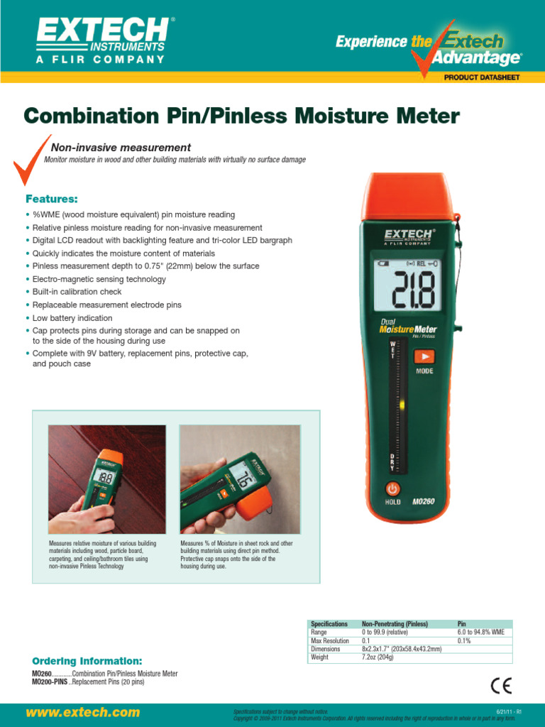 Datasheet Extech MO260 Combination Pin Pinless Moisture Meter | PDF