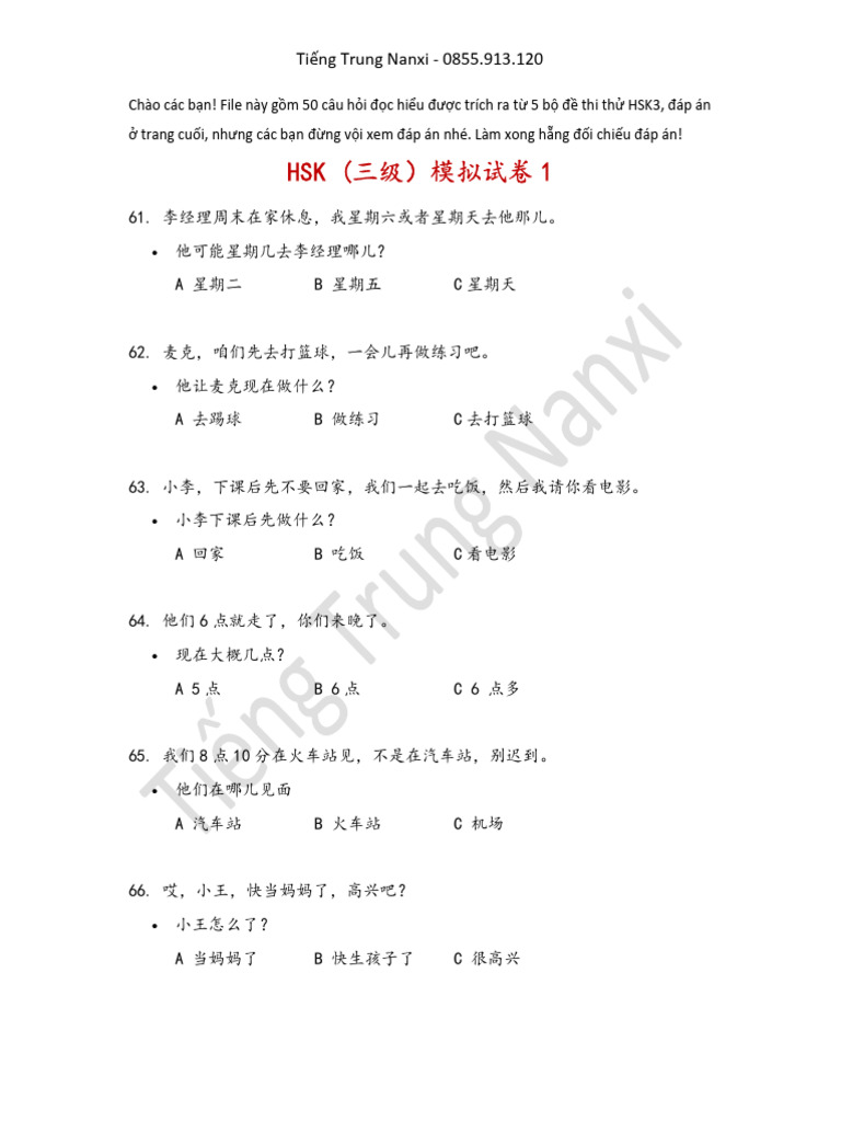 50 Câu Đọc Hiểu HSK3 | PDF