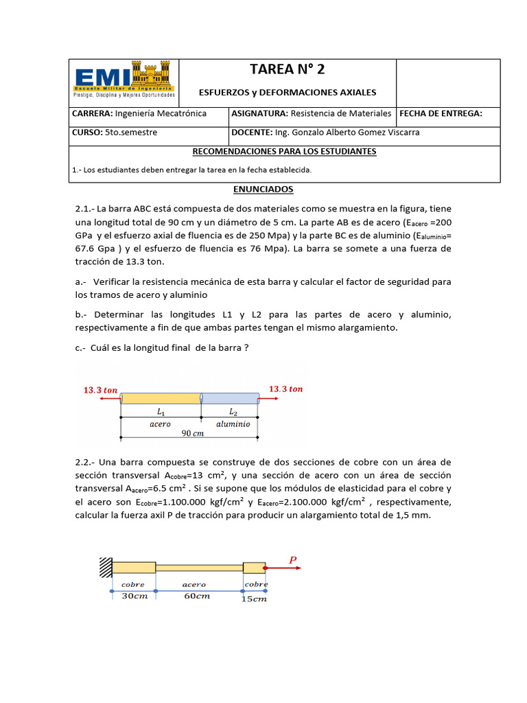 Tarea #2 de Resistencia de Materiales - Esf Axiales | PDF