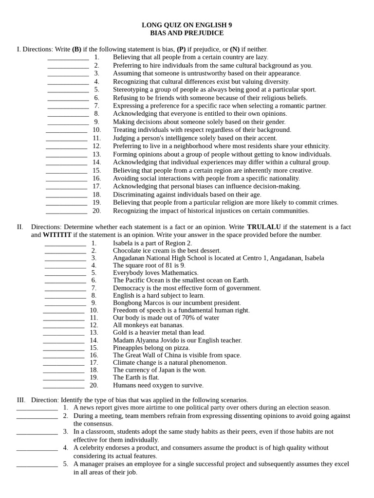 Quiz On Bias and Prejudice 2 | PDF