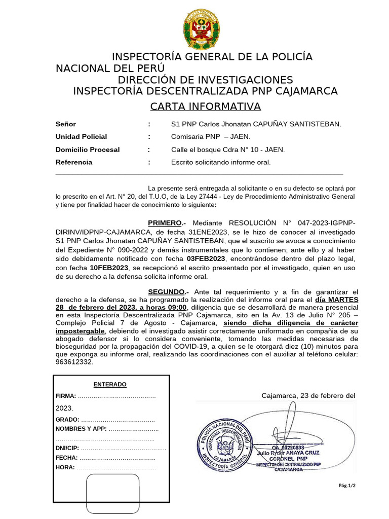 Carta Informativa Informe Oral | PDF
