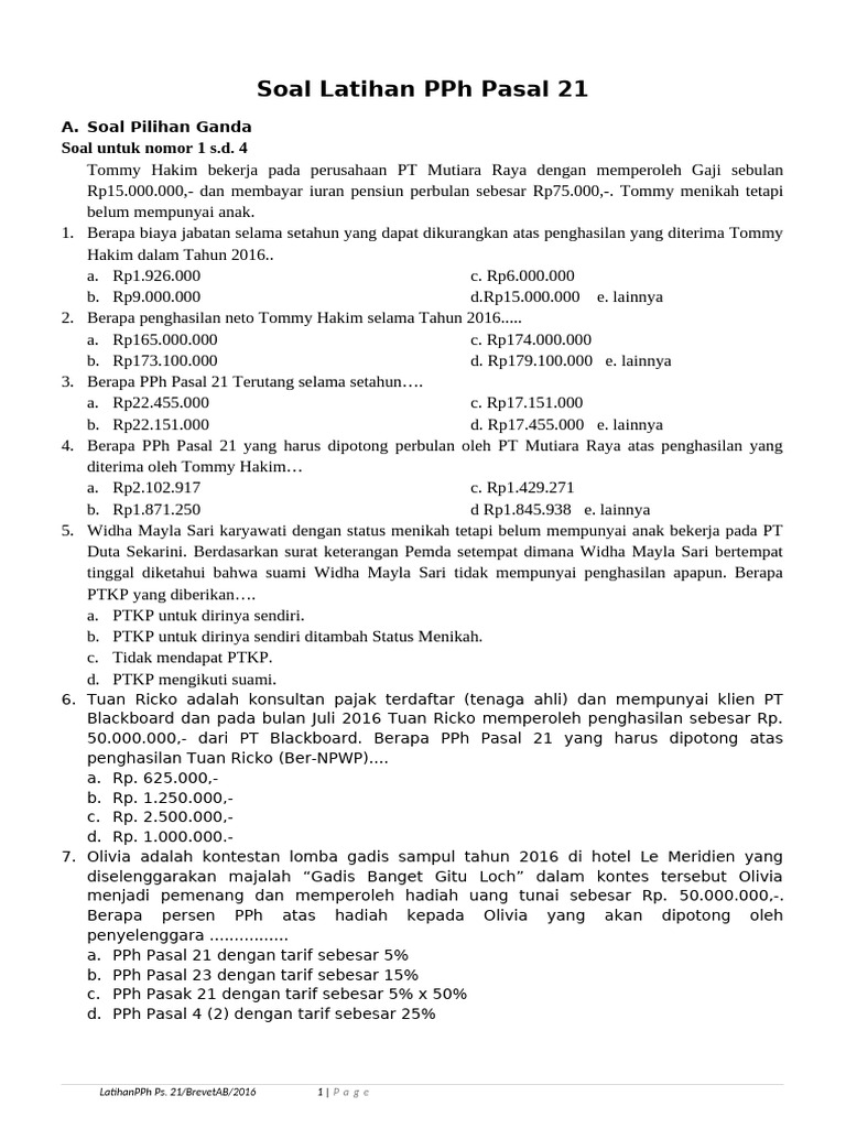Latihan PPH Pasal 21 Kasus Dan Isi SPT | PDF