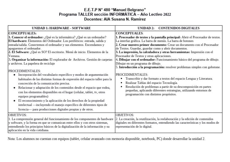 Planificacion Taller Informatica 1er Año Ciclo Básico Pdf