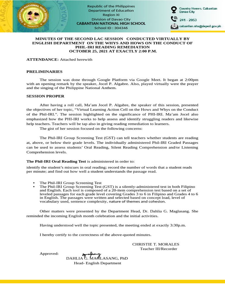 LAC Minutes Sample | PDF | Reading Comprehension | Career & Growth