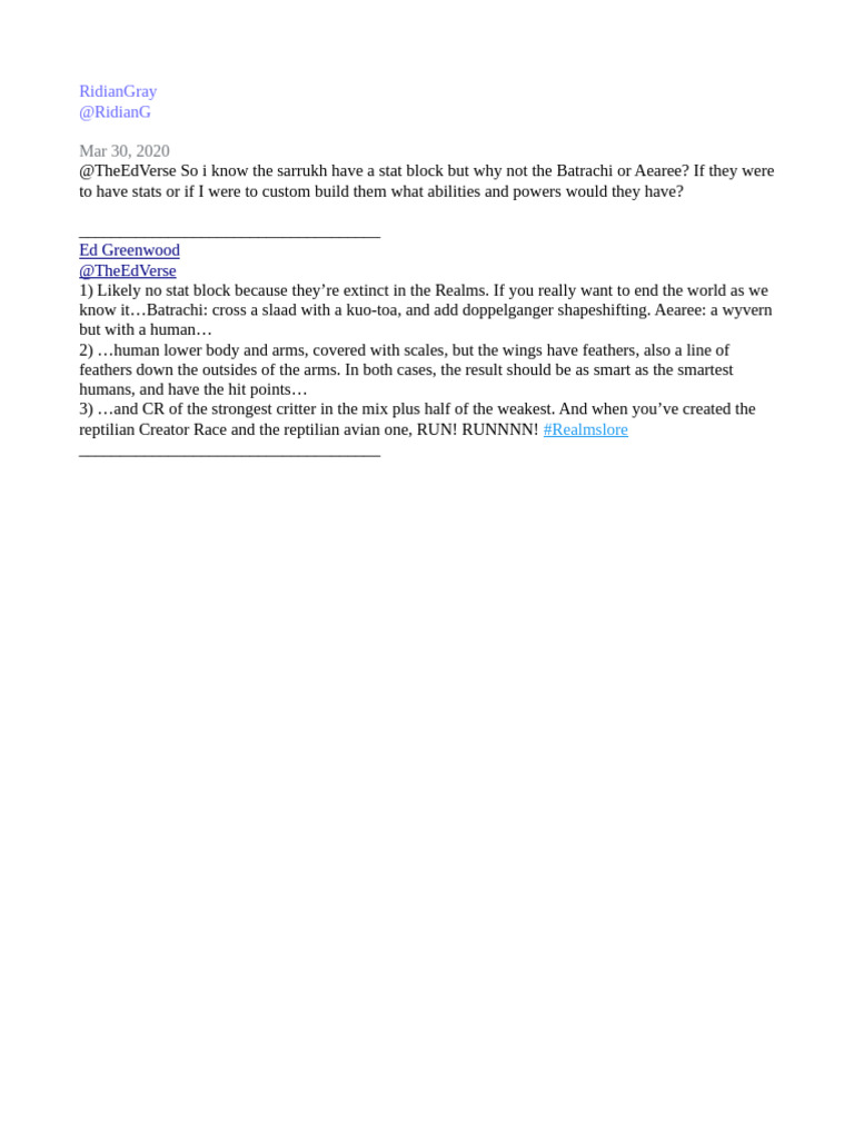 Creating Batrachi and Aearee Progenitor Races - (Twitter) | PDF