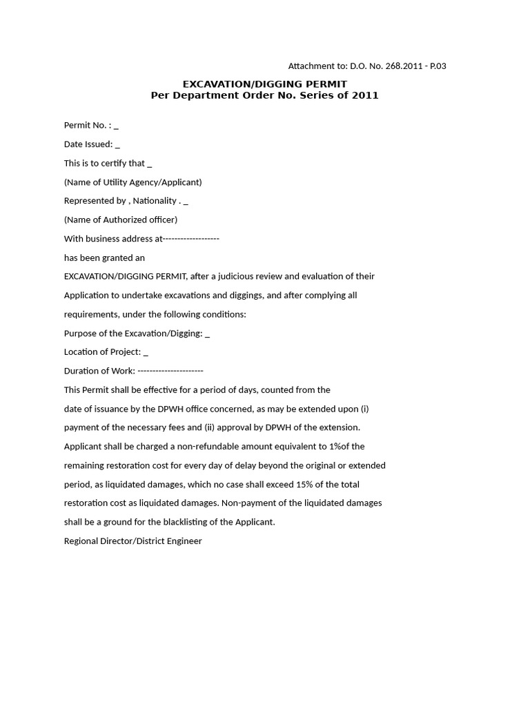 Excavation/Digging Permit Per Department Order No. Series of 2011 | PDF