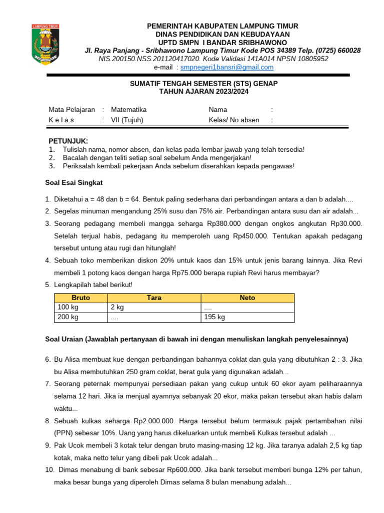 Soal PTS Genap Kelas 7 2024 | PDF