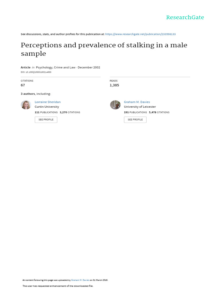 Perceptions and Prevalence of Stalking in A Male Sample | PDF