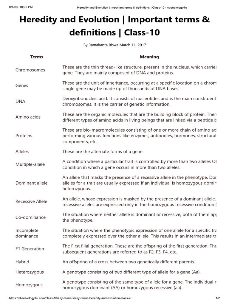 Heredity and Evolution - Important Terms & Definitions - Class-10 ...
