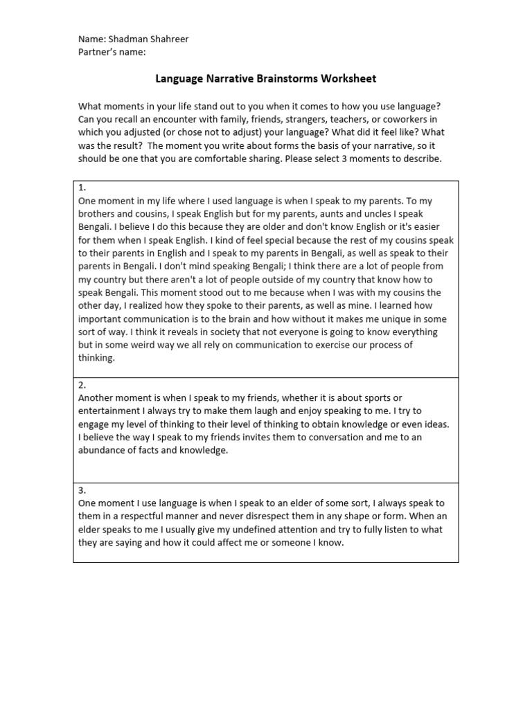 Language Narrative Brainstorm Worksheet | PDF