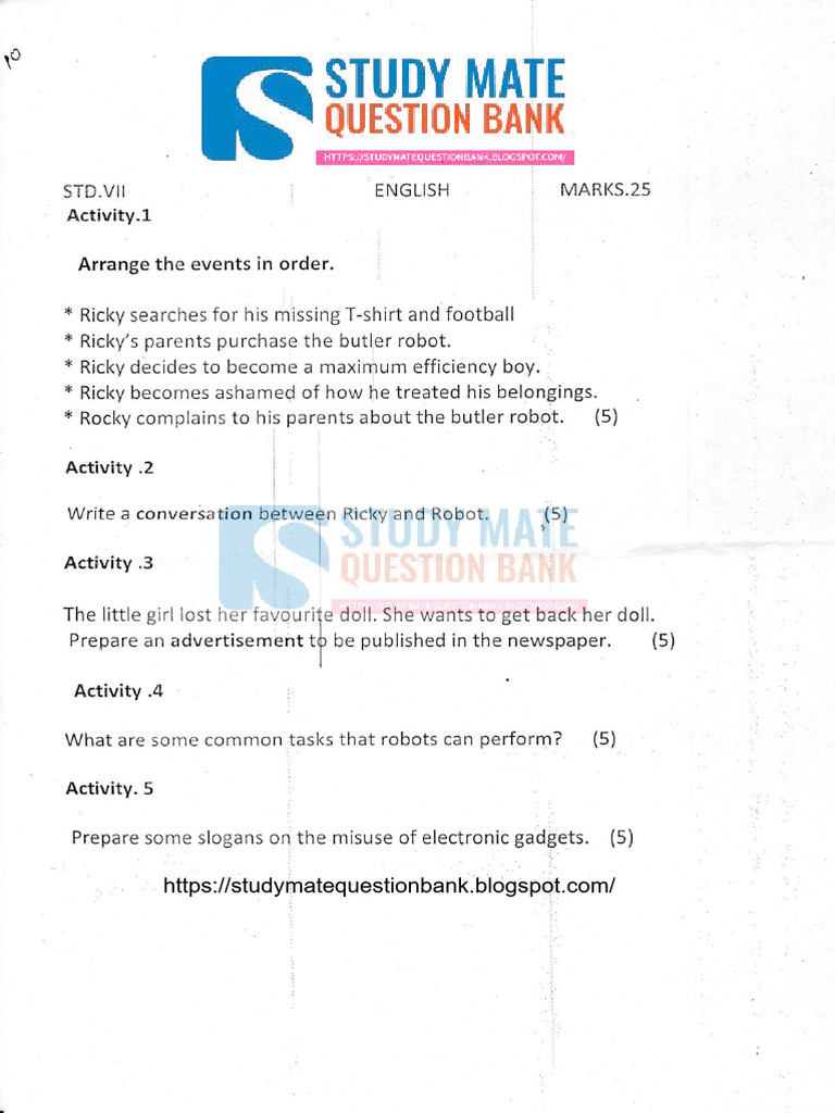Study Mate Question Bank - Class 7 English-First Term Model Exam Questionpaper | PDF