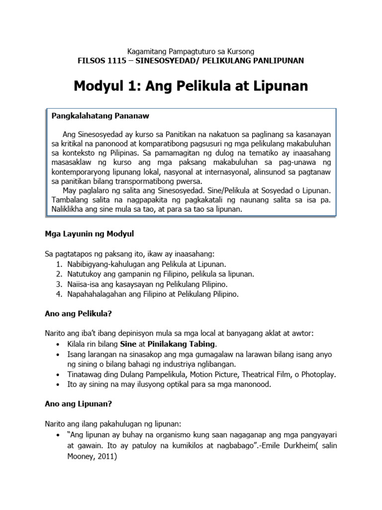 FILSOS1115 Modyul 1 - Ang Pelikula at Lipunan | PDF