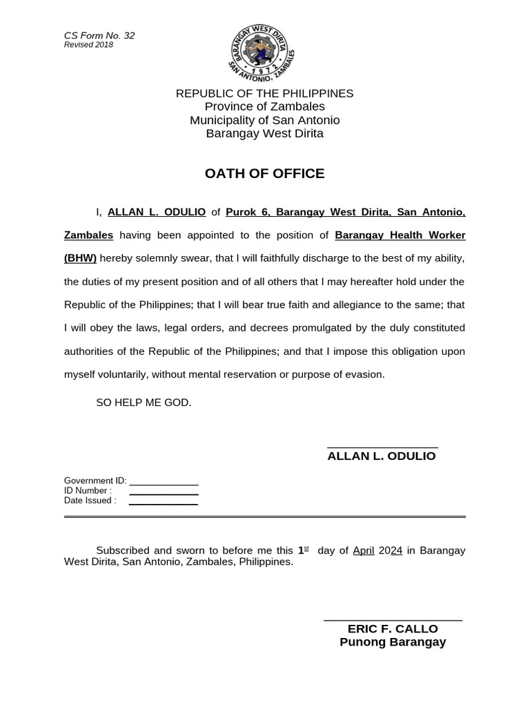 CS Form No. 32 Oath of Office | PDF
