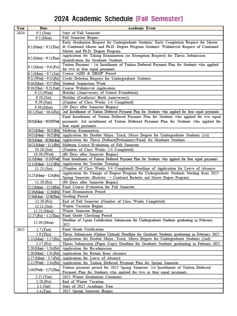 2024 Academic Schedule (Fall Semester-Final) | PDF