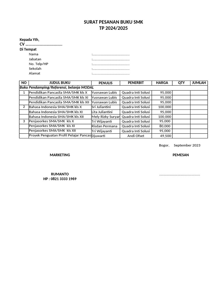 Form Pesanan SMK Penerbit QUADRA | PDF