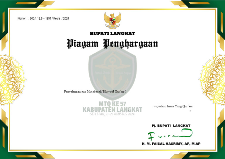 Piagam Pemenang MTQ 2024 | PDF