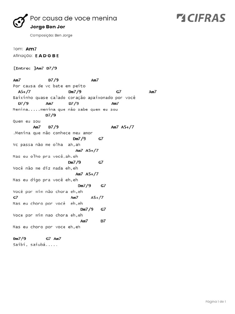 CIFRAS - Cifra - Jorge Ben Jor - Por Causa de Voce Menina | PDF