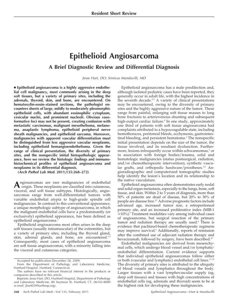 Epithelioid Angiosarcoma: A Brief Diagnostic Review and Differential Diagnosis | PDF