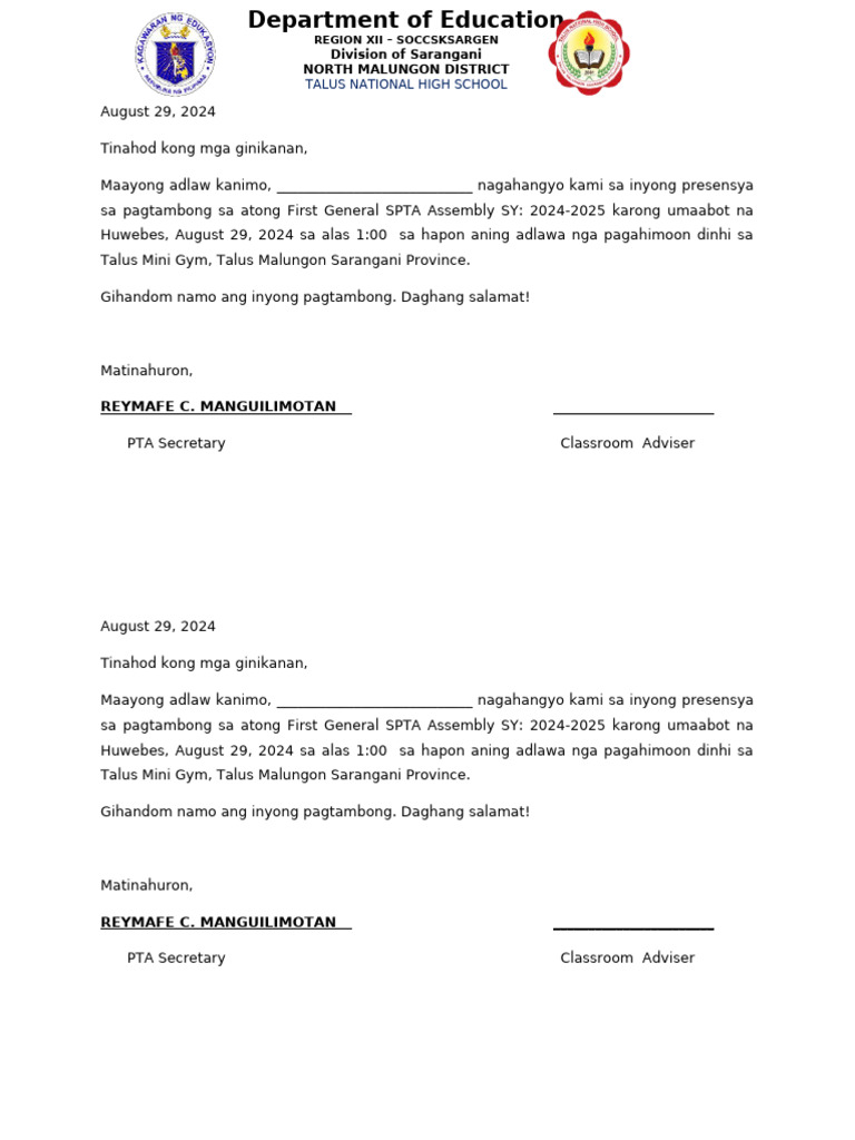 1st SPTA General Assembly Letter | PDF