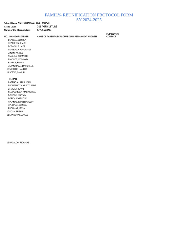 Family Reunification Form | PDF