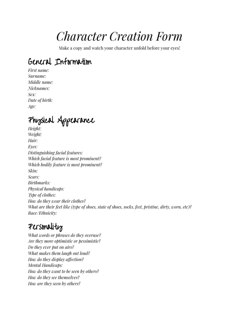 Character Creator Form - (CHARACTER NAME) | PDF