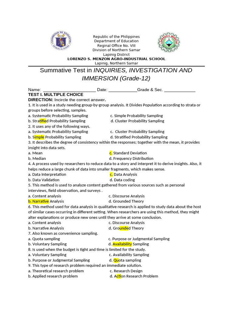 Grade 12 Summative Test: Research Methods | PDF | Sampling (Statistics ...