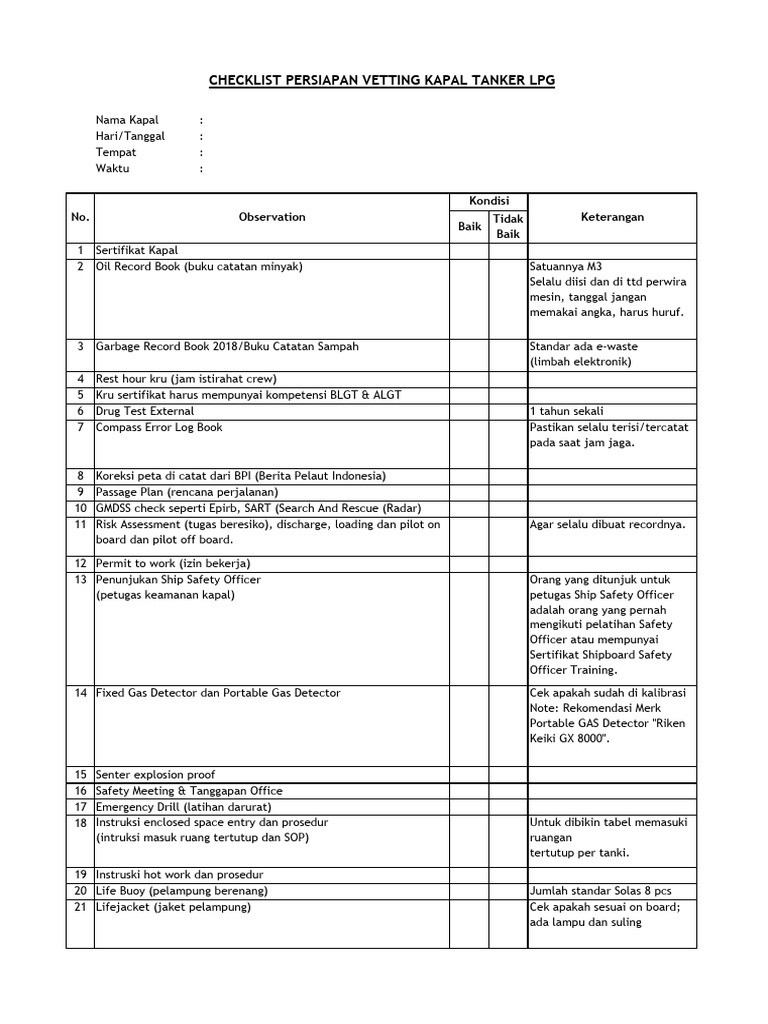 Checklist Persiapan Vetting Kapal Tanker LPG | PDF