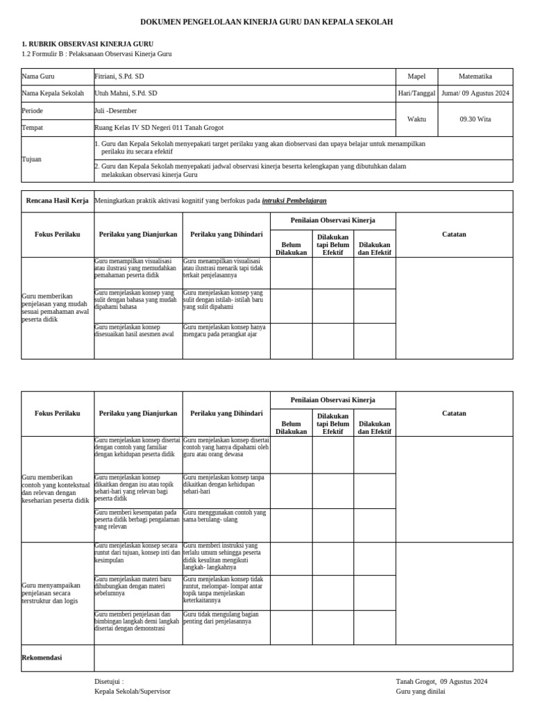 Form Observasi Fitriani Intruksi Pembelajaran B7 | PDF