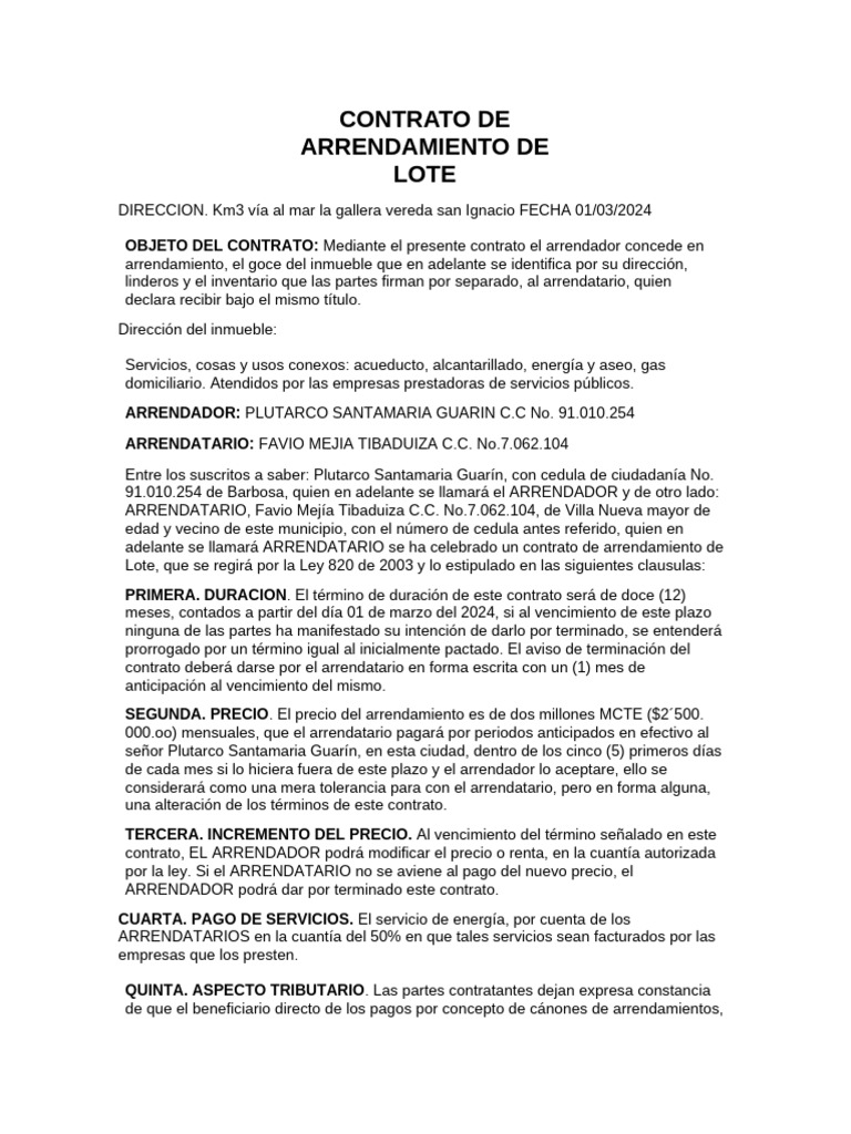 CONTRATO DE ARRENDAMIENTO DE LOTE FAVIO | PDF