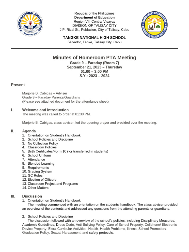 Grade 9 PTA Meeting Minutes | PDF | Self-Improvement