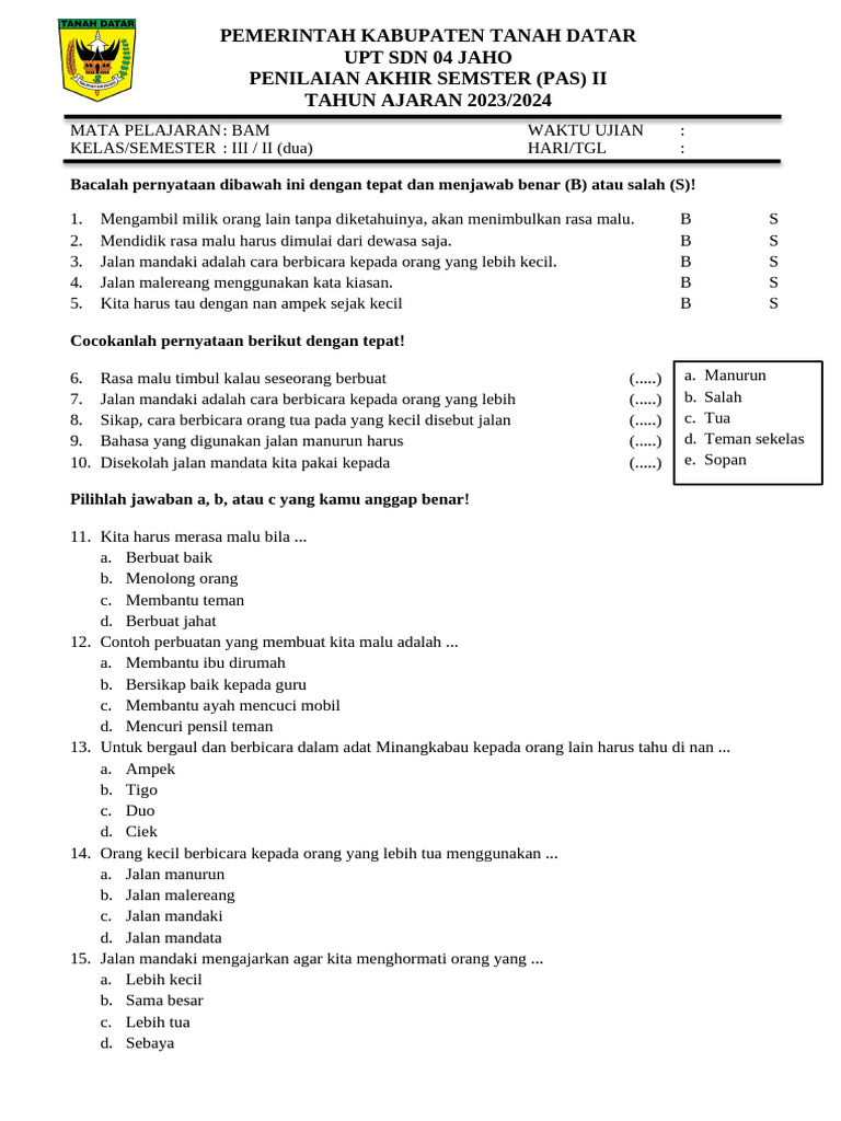 Soal BAM Sem2 kls3 | PDF