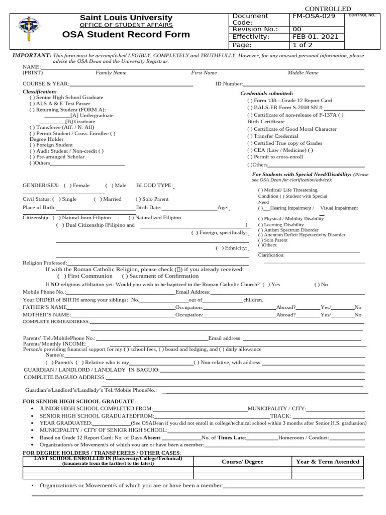Fm-Osa-029 Student Record Form | PDF