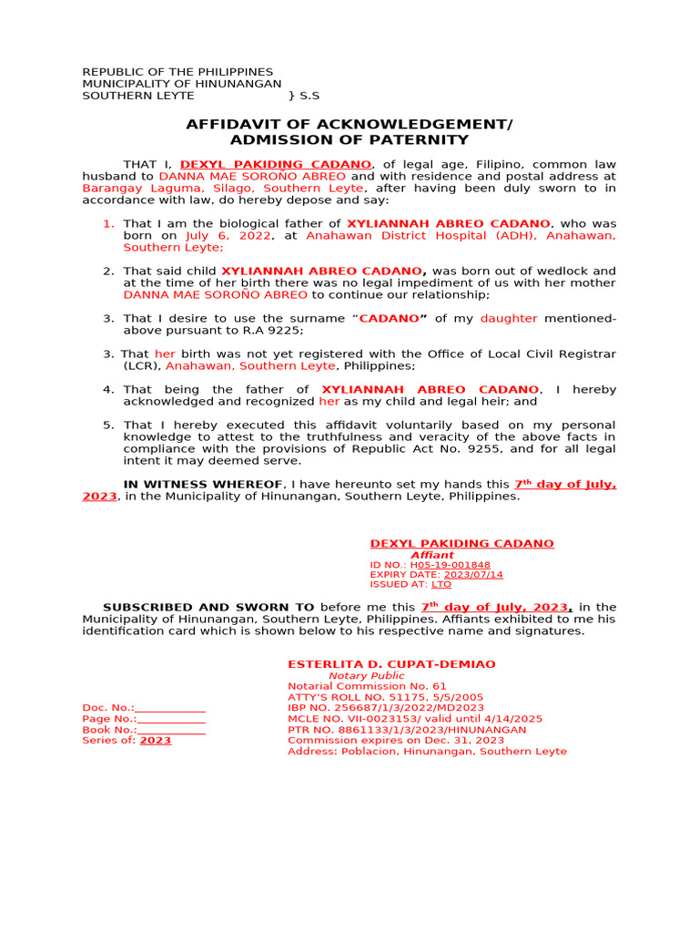 Sample - Affidavit of Acknowledgement or Admission of Paternity | PDF