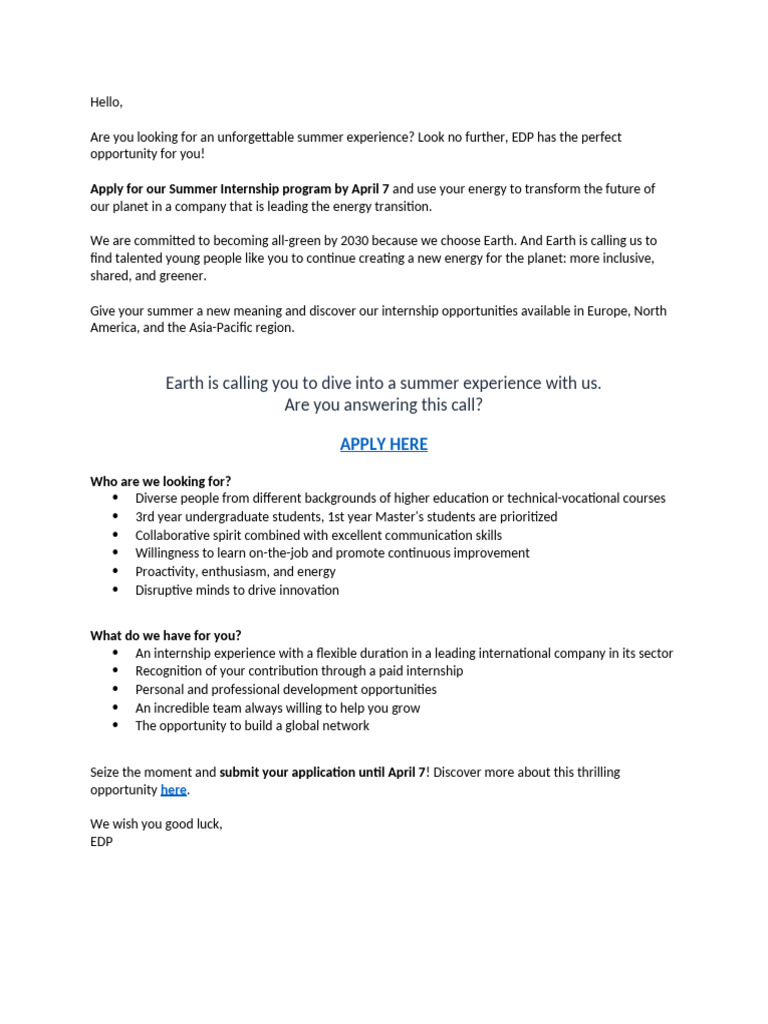 2024 - EDP Summer Internship - Email Template For Students | PDF