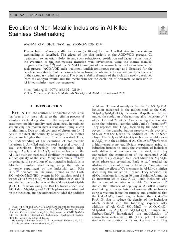 Evolution of Non-Metallic Inclusions in Al-Killed Stainless Steelmaking ...