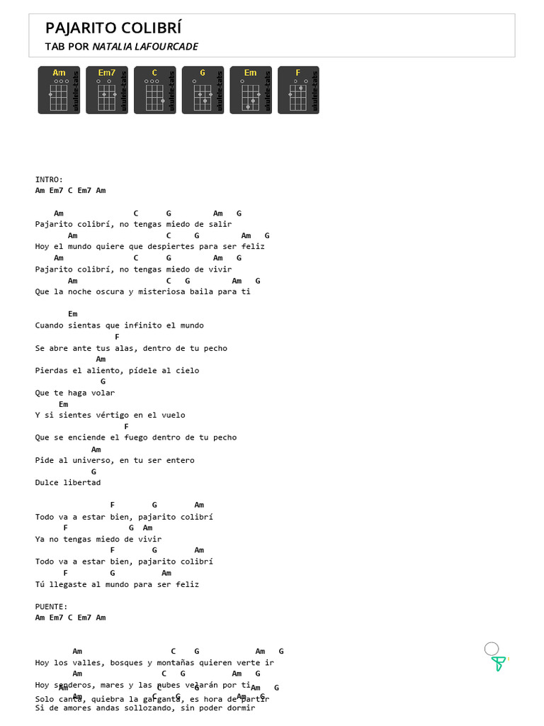 Pajarito Colibrí Tab Por Natalia Lafourcade - Ukulele Tabs | PDF