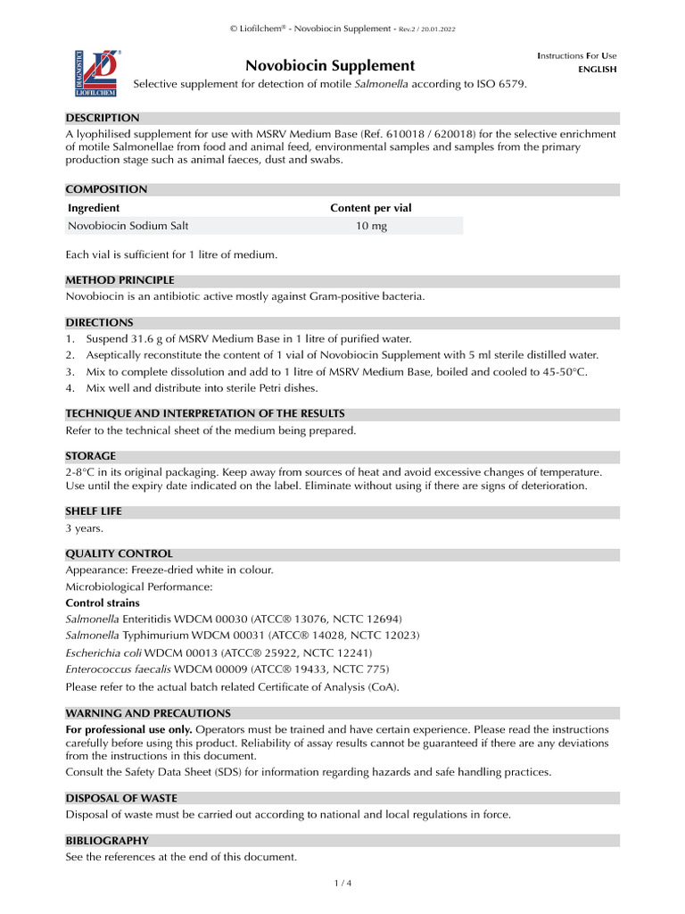 IFU Novobiocin Supplement | PDF