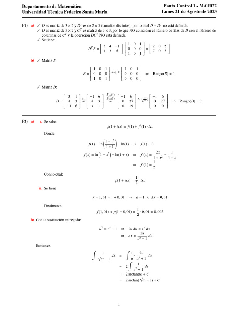 MAT 022 - 2023 2° - Control 1 Pauta-1 | PDF