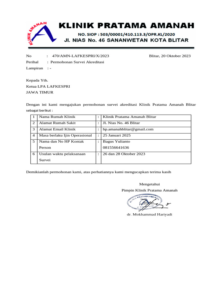 Form Surat Permohonan Survei Akreditasi KARS Update 1 Sept 2022 | PDF Form Surat Permohonan Survei Akreditasi KARS Update 1 Sept 2022 | PDF